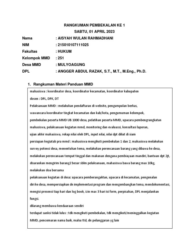 Rangkuman Pembekalan 1 - Aisyah Wulan Rahmadhani - 215010107111025 | PDF | Pengembangan Diri ...