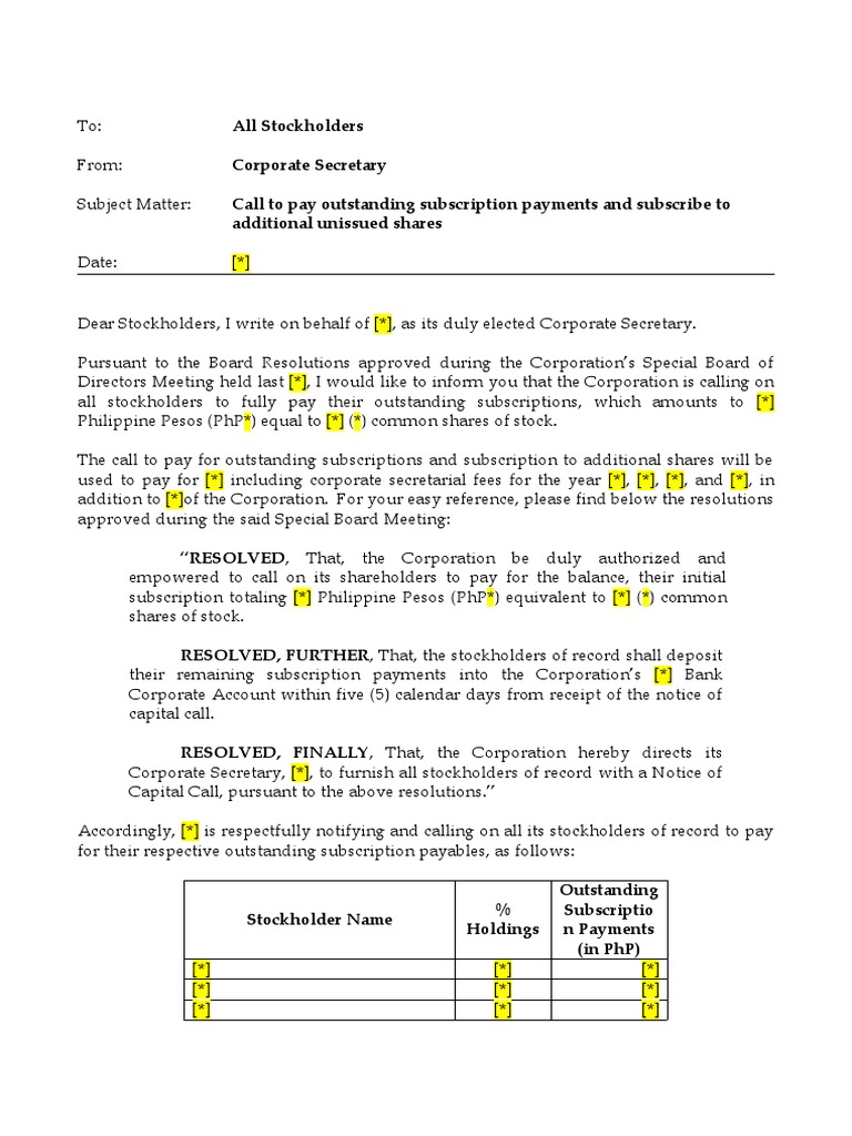 Sample Notice of Capital Call | PDF