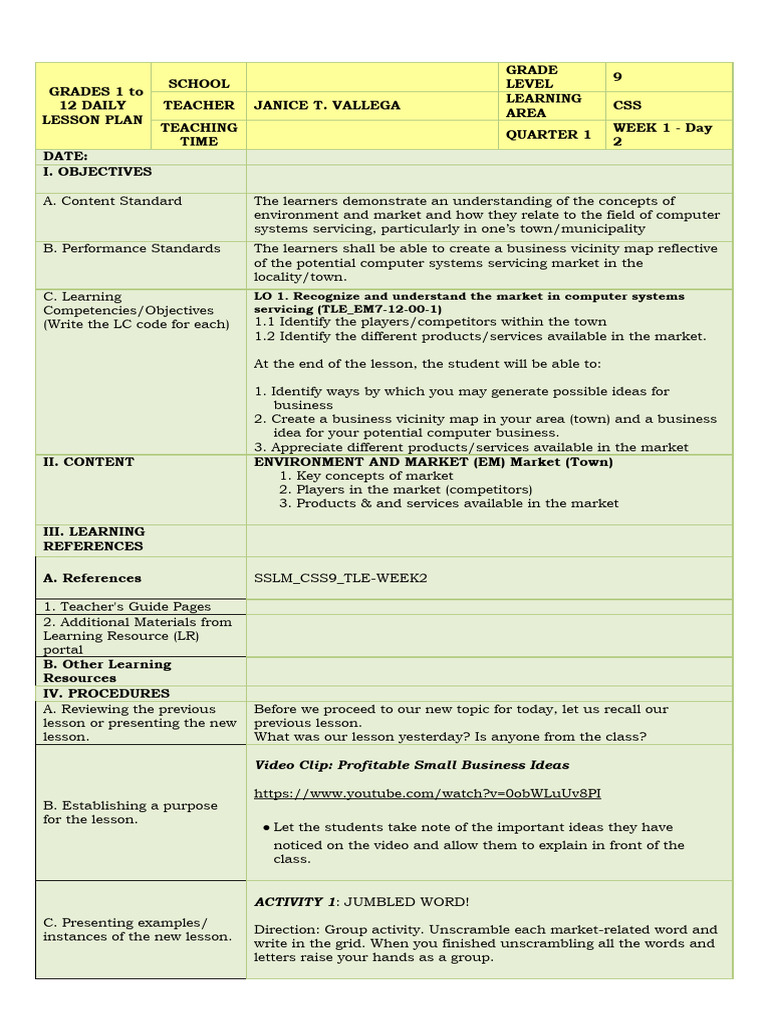 Vallega Css9 q1 Week2 | PDF | Learning | Lesson Plan