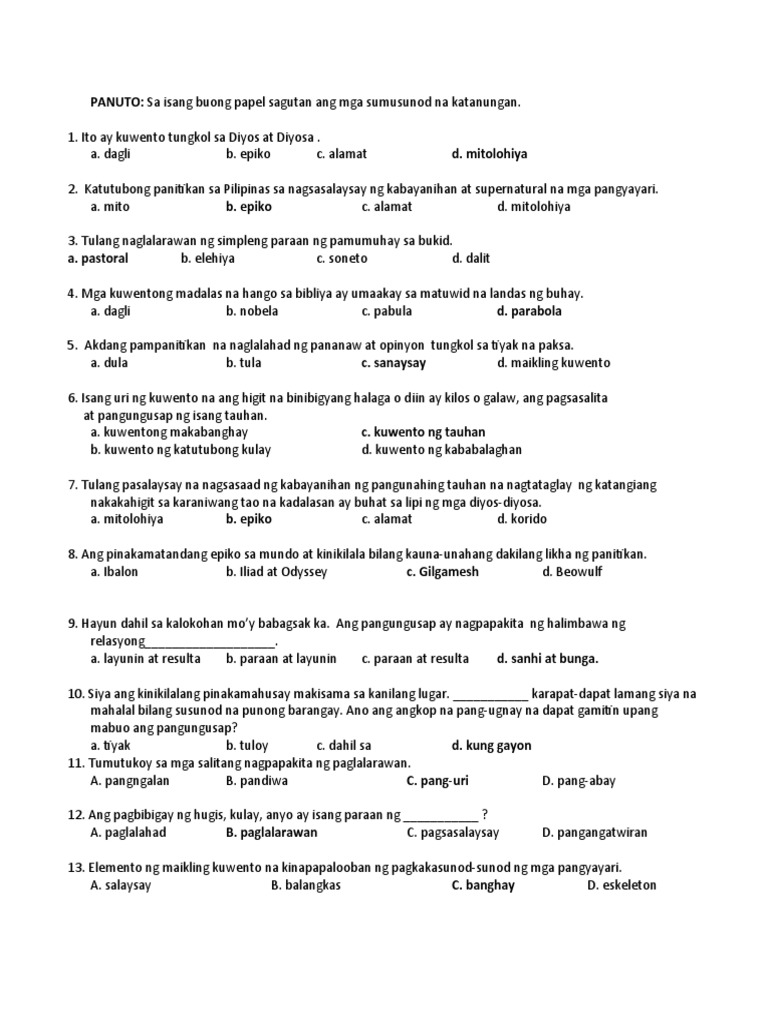 Paunang Pagtataya Answer Key | PDF