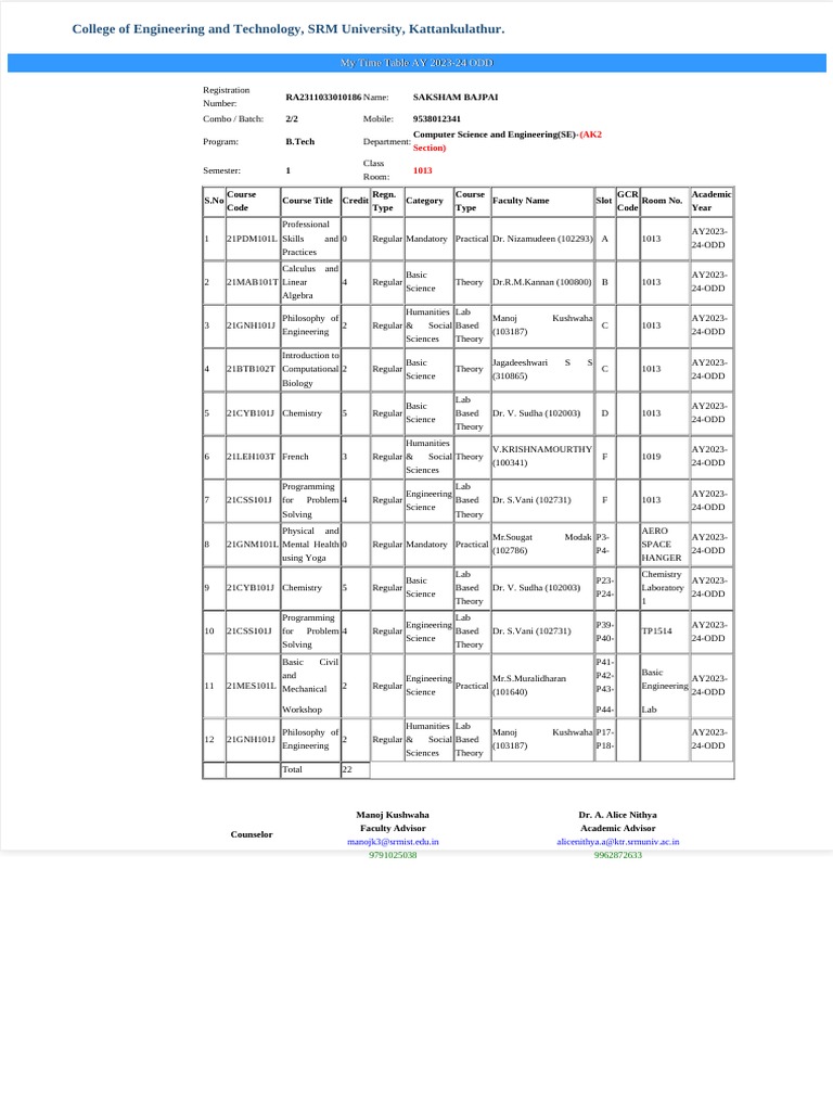 B.Tech Computer Science Timetable 2023-24 | PDF | Science | Observation