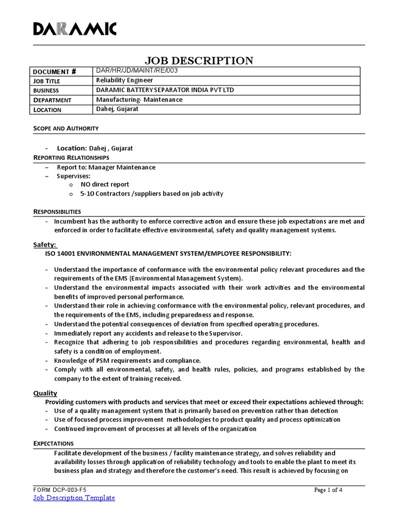 JD-Reliability Engineer | PDF | Reliability Engineering | Business
