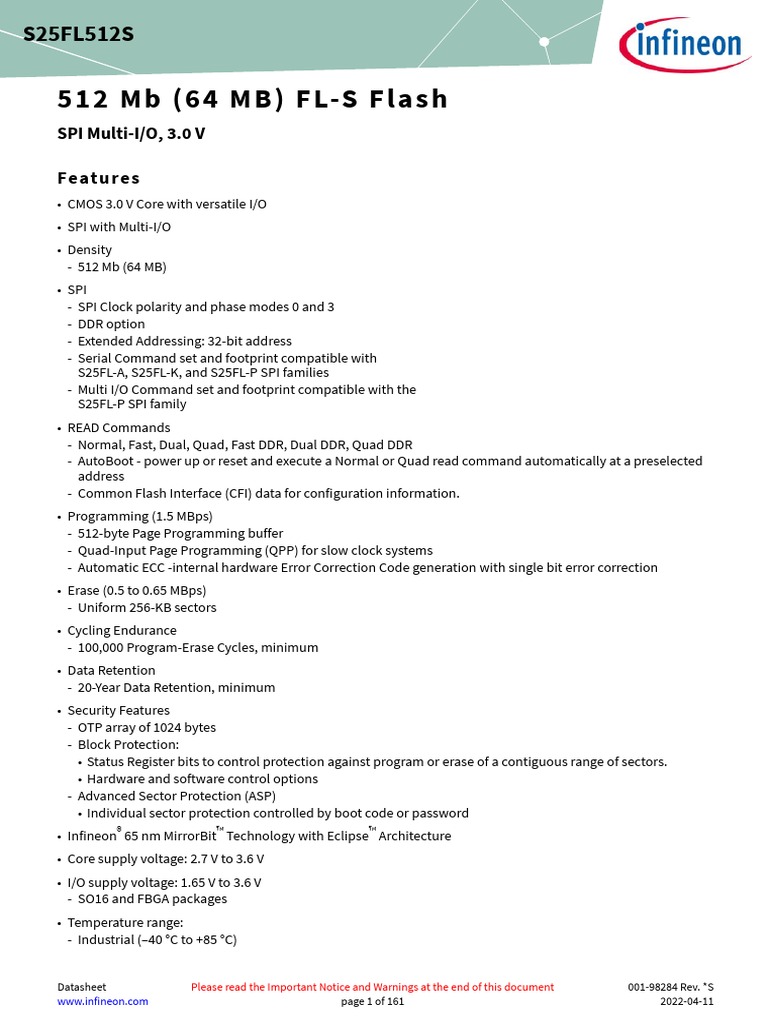 Infineon-S25FL512S 512 MB (64 MB) 3.0 V SPI Flash Memory-DataSheet-v20 00-EN | PDF | Flash ...