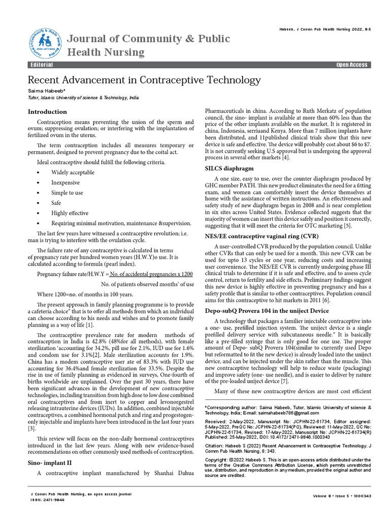 Recent Advancement in Contraceptive Technology | PDF