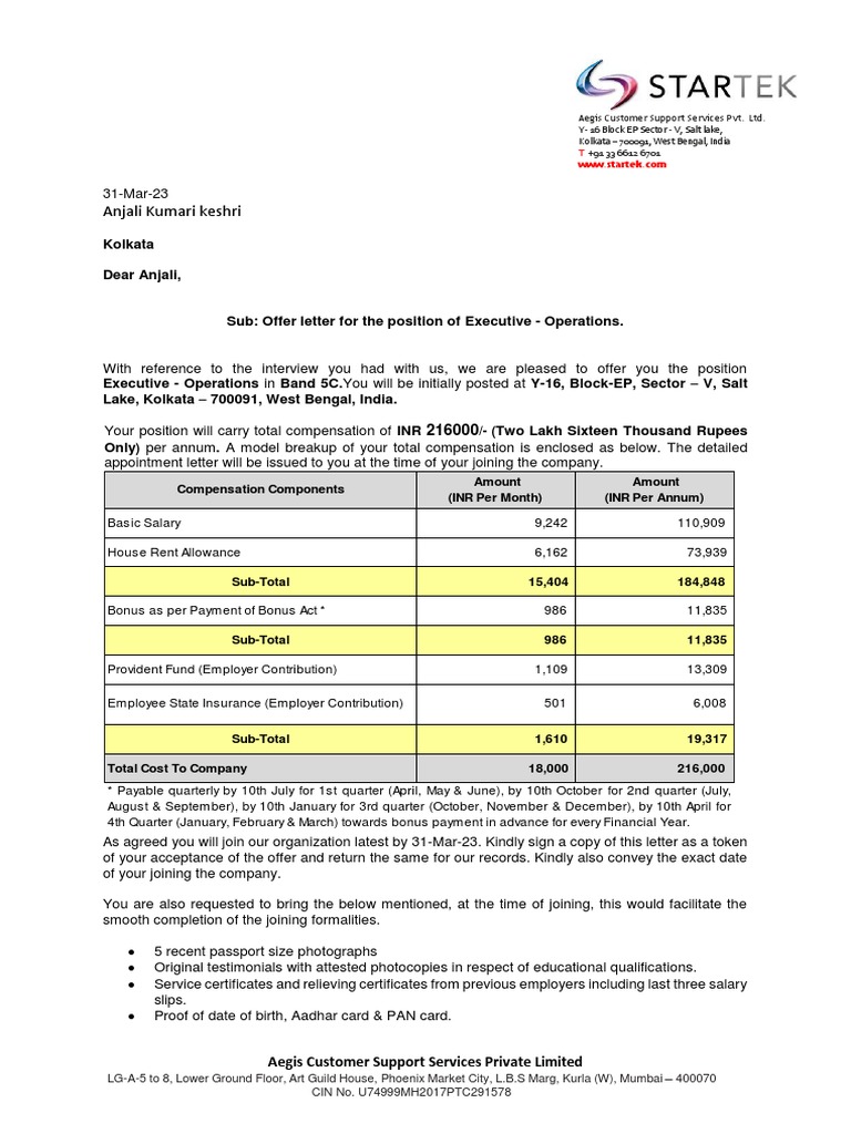 Executive Operations Offer Letter | PDF