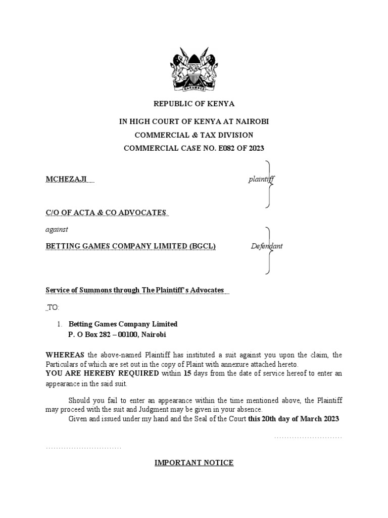 Summons to Enter Appearance - Kenya | PDF | Lawsuit | Summons