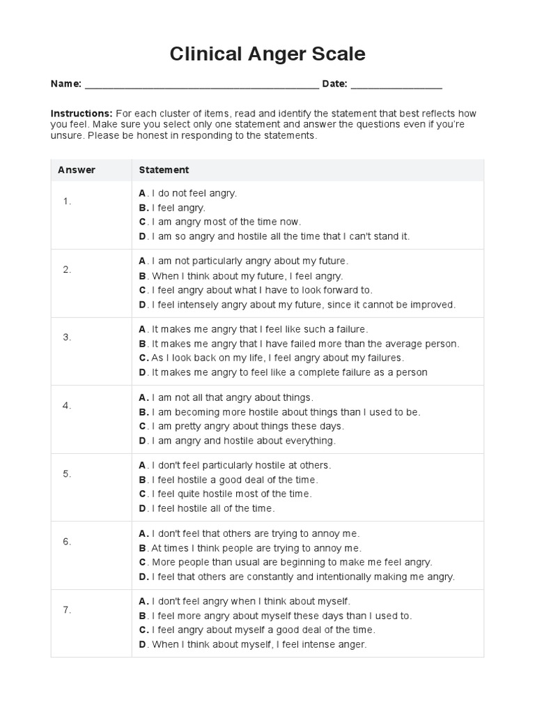 Clinical Anger Scalee | PDF | Anger | Sleep