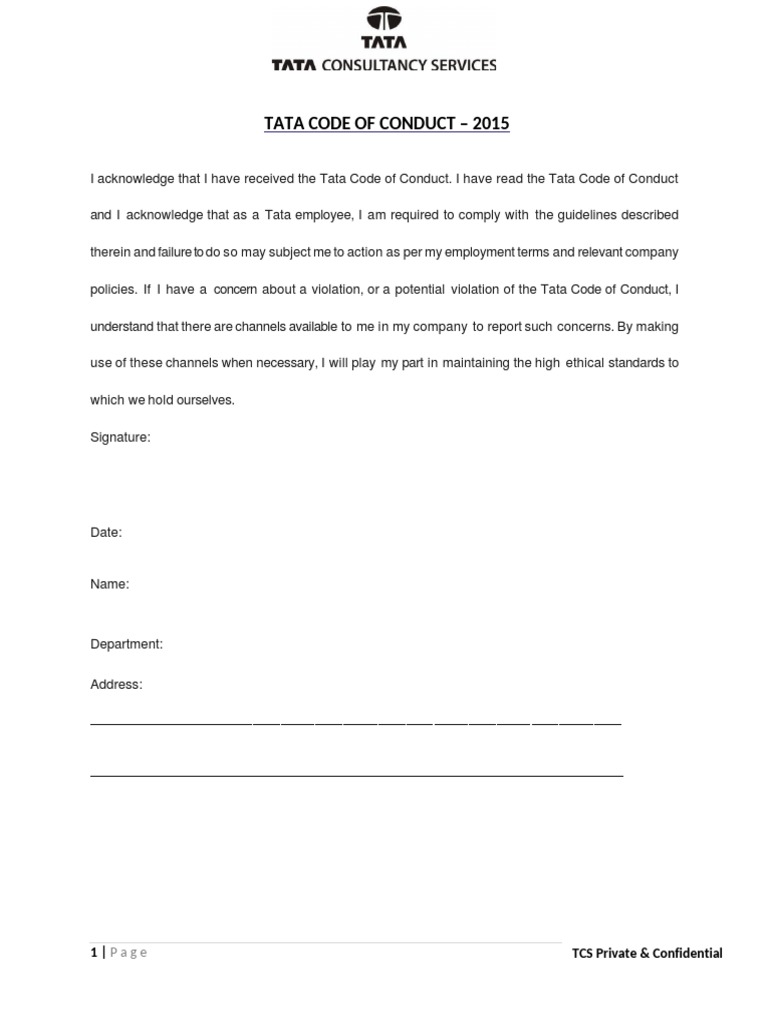 Tata Code of Conduct - 2015: 1 - TCS Private & Confidential | PDF