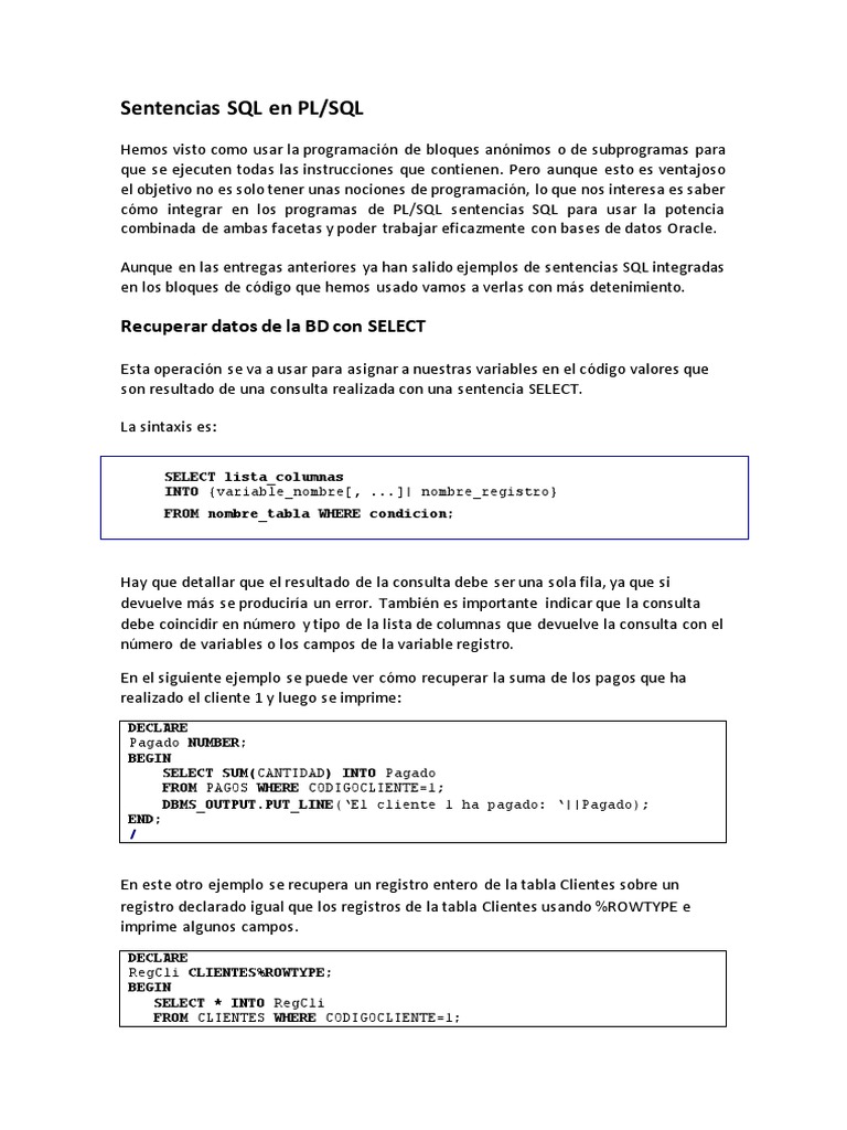 Sentencias SQL en PL SQL | PDF | SQL | Pl / Sql