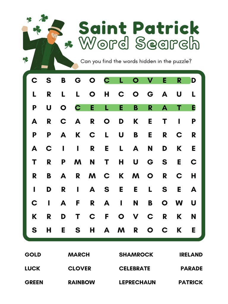 White Green Playful Saint Patrick Word Search Worksheet | PDF