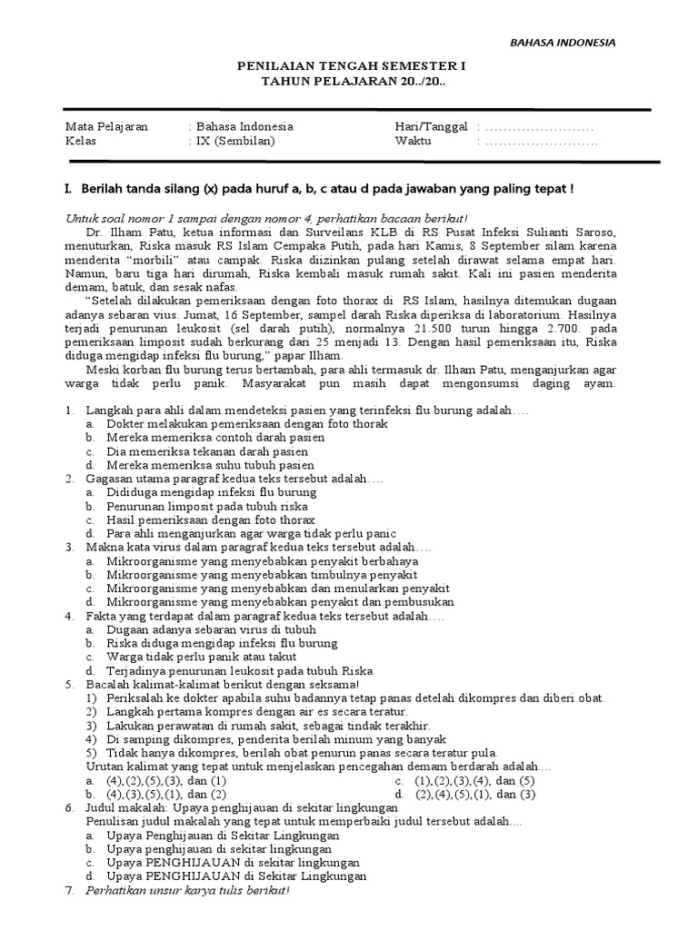 1 - Soal PTS Bindo | PDF | Karier & Perkembangan