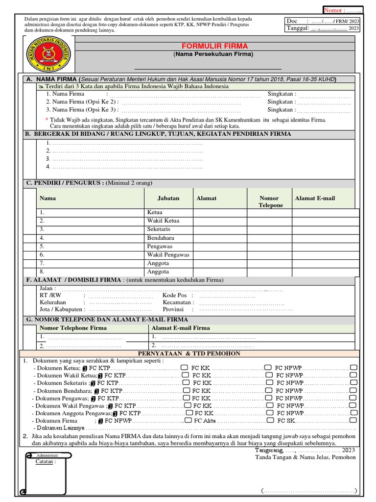 Formulir PENDIRIAN FIRMA - 2023 | PDF