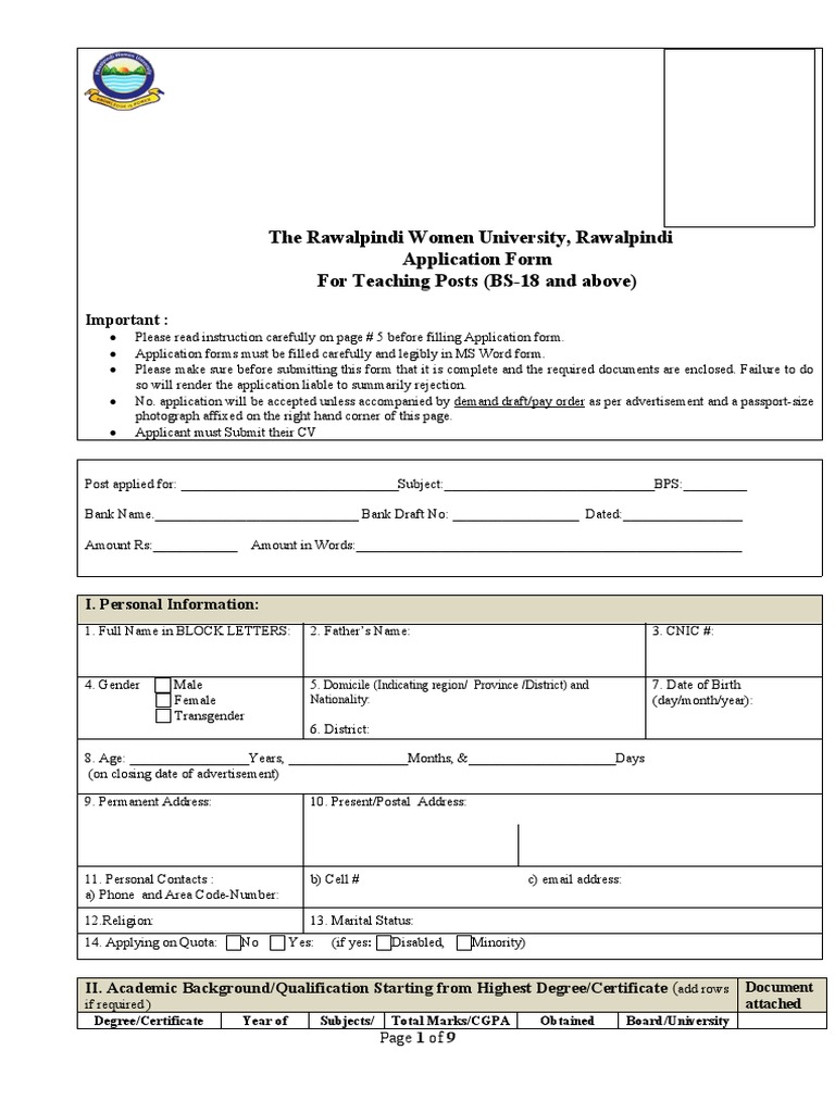 Teaching Job Application Form BS18 and Above | PDF