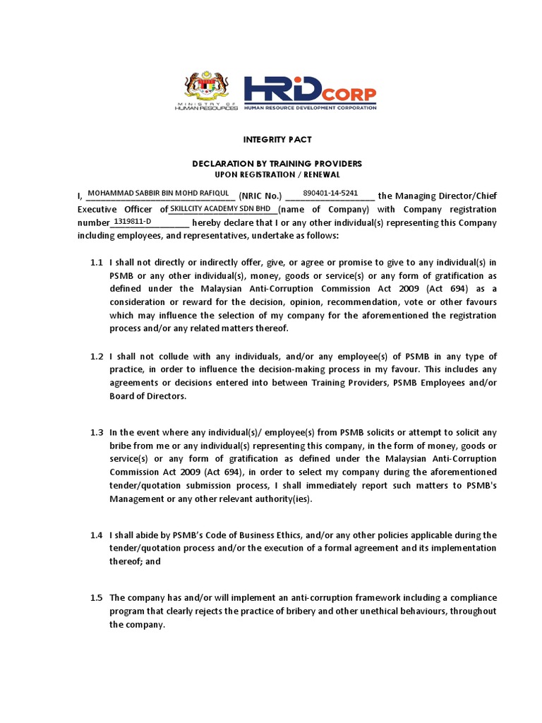 Training Provider Integrity Pact Form | PDF