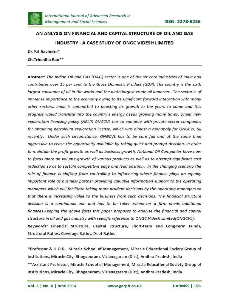 An Anlysis On Financial and Capital Structure of Oil and Gas Industry - A Case Study of Ongc ...