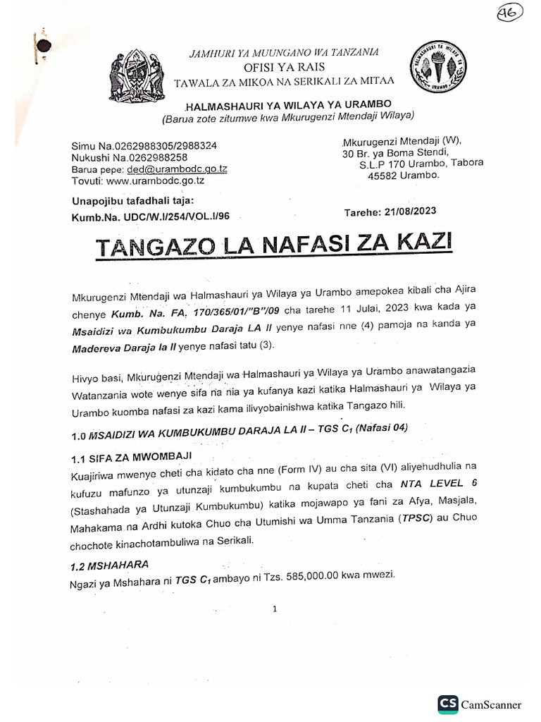 Tangazo La Kazi Urambo DC | PDF
