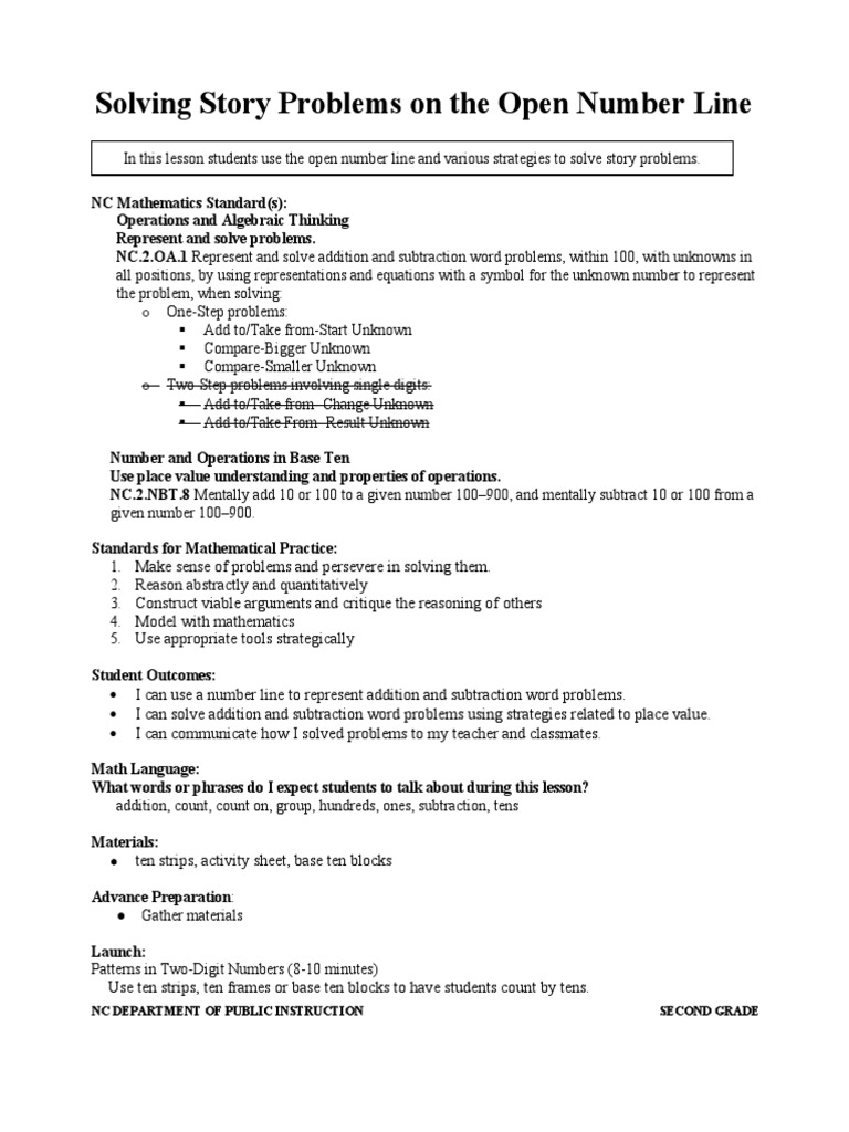 Solving Story Problems On The Open Number Line Oa1 nbt8 cl2 cl5 cl6 cl7 ...