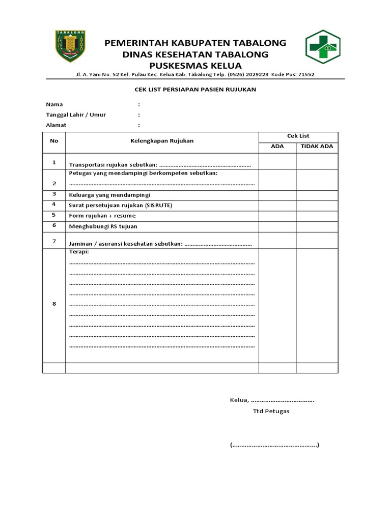 Lembar Cek List Persiapan Rujukan | PDF