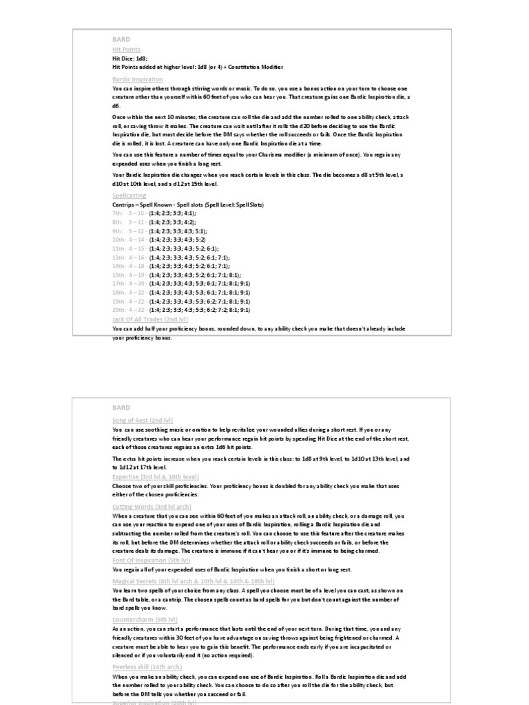 Bard Class Print | Download Free PDF | Role Playing Games | Tabletop Games