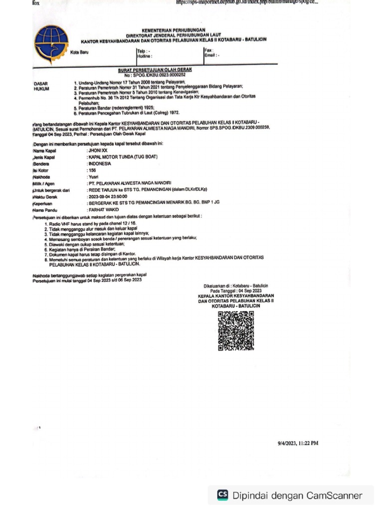 BL - CM Tb. Jhoni XX - Bg. BNP 1 JG 7.643,944 MT - TGL 03 September 2023 | PDF