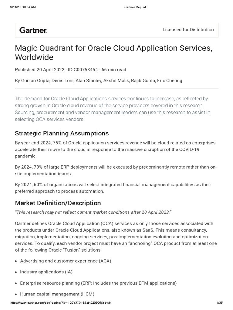 Gartner Reprint - Magic Quadrant For Oracle Cloud Application Services ... Gartner Reprint - Magic Quadrant For Oracle Cloud Application Services ...