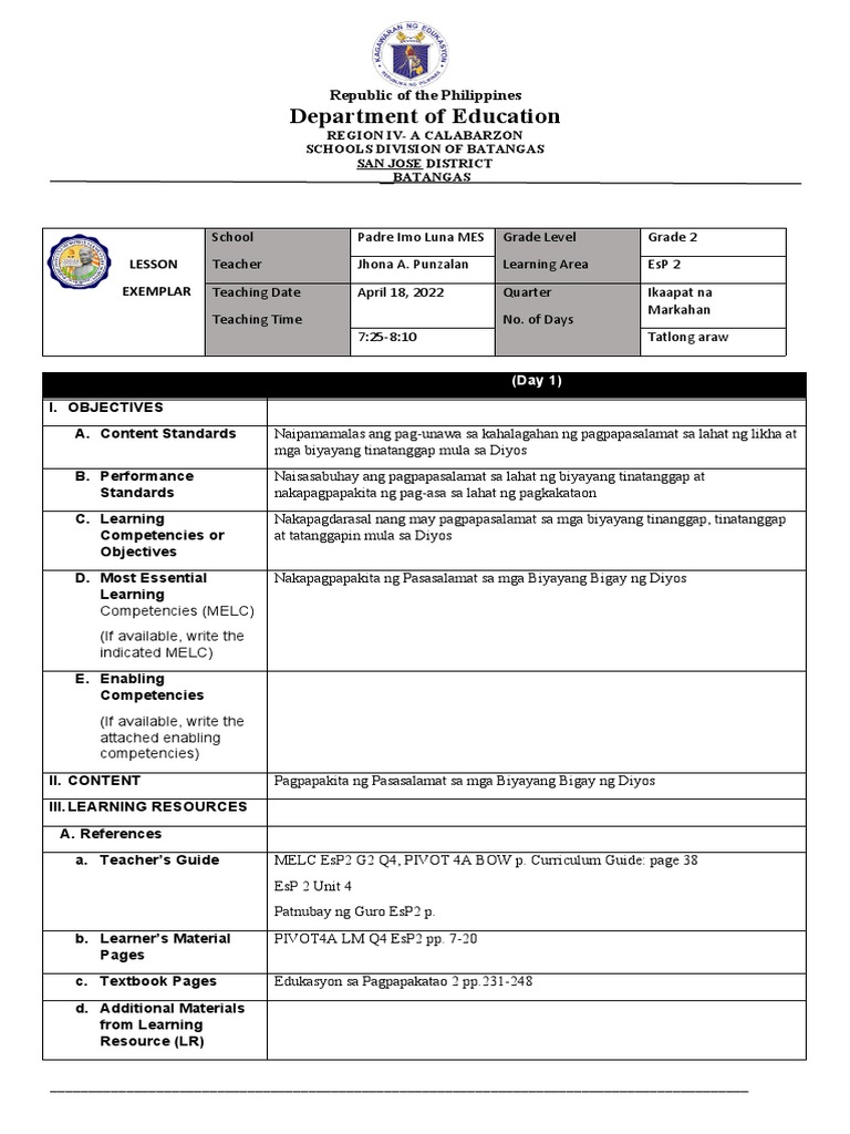 IDEA-PLAN-F2F EsP Q4 WK 2 Day 1 | PDF