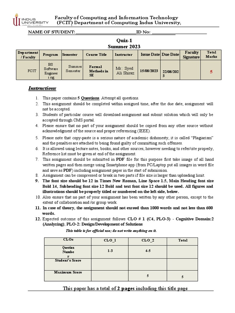 Quiz 1 FM Summer 2023 | PDF | Formal Methods | Formal Verification