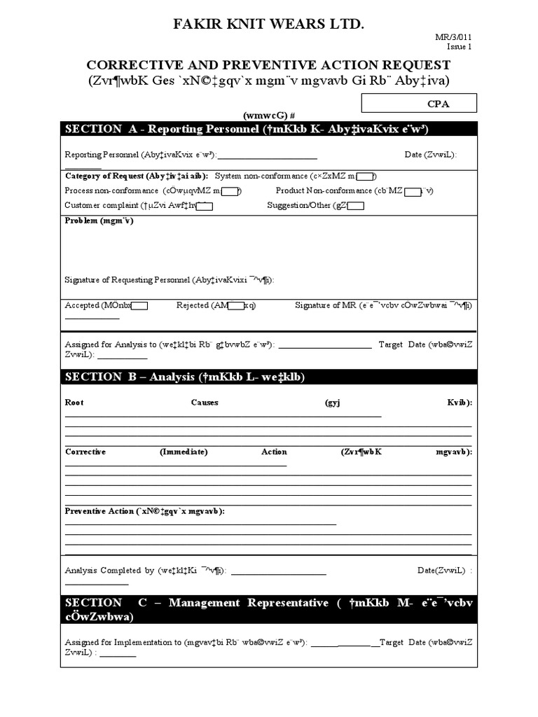 Corrective Action Request Form | PDF | Systems Thinking | Quality ...