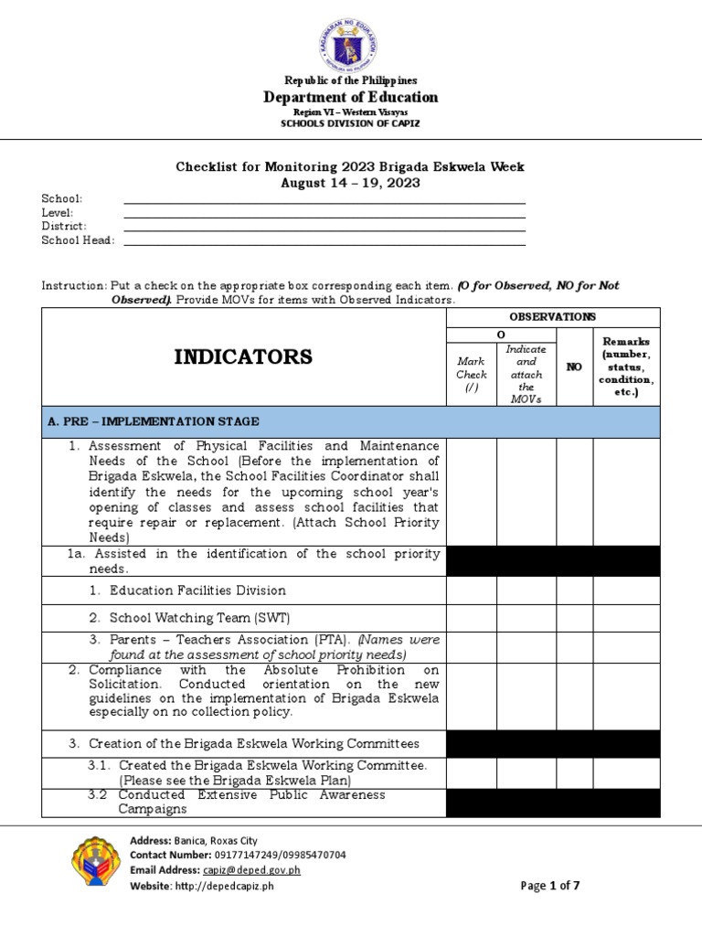 Final Sdo Capiz Checklist For Monitoring of 2023 Brigada Eskwela Week ... Final Sdo Capiz Checklist For Monitoring of 2023 Brigada Eskwela Week ...