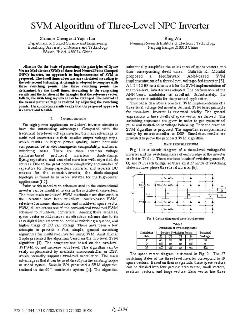 SVM Algorithm of Three-Level NPC Inverter: Shanmei Cheng and Yajun Liu Bing Wu | PDF | Power ...