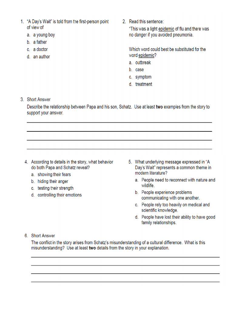 A Day's Wait (MCQ & Comprehension) | PDF