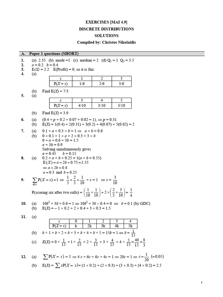 MAI 4.9 DISCRETE DISTRIBUTIONS Solutions | PDF | Mathematics | Statistical Theory