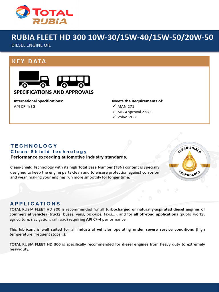 Diesel Engine Oil: RUBIA FLEET HD 300 | PDF | Motor Oil | Physical Sciences