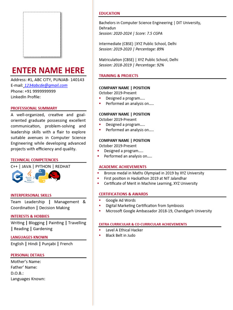 Sample Resume Format - BE | PDF | Computing