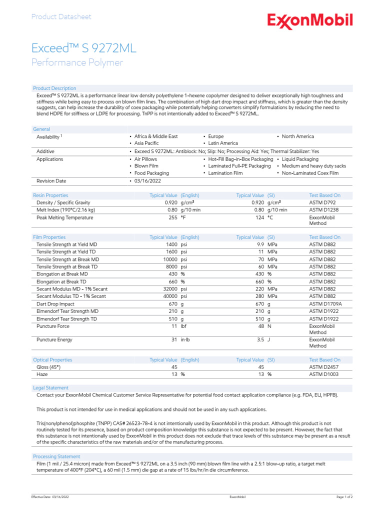 Exceed™ S 9272ML: Performance Polymer | PDF | Density | Polyethylene