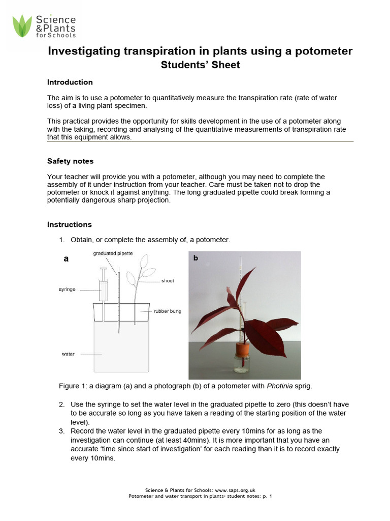SAPS - Potometer and Water Transport in Plants - Student Notes 2 | PDF ...