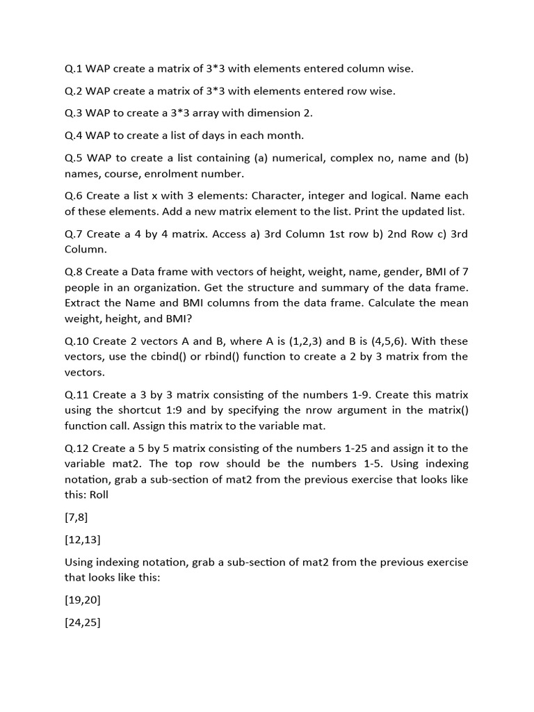 Practical 4. Arrays, Lists, Matrices and Data Frames | PDF | Teaching Methods & Materials