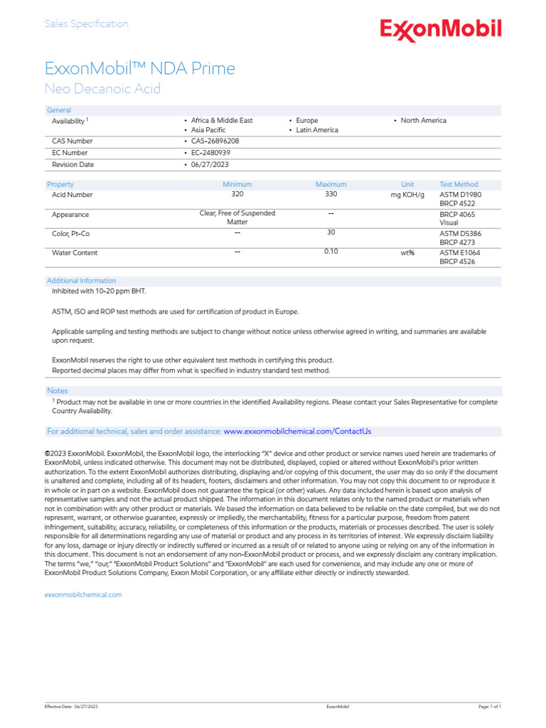 Exxonmobil™ Nda Prime: Neo Decanoic Acid | PDF