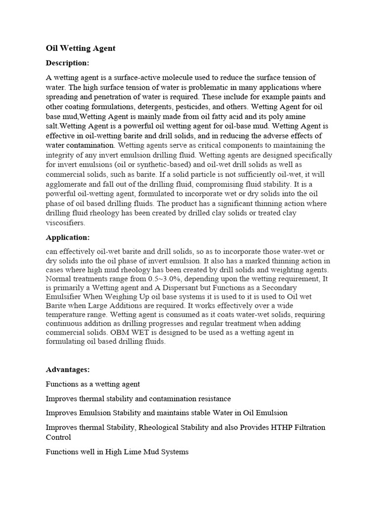 Oil Wetting Agent | Download Free PDF | Surfactant | Emulsion Oil Wetting Agent | Download Free PDF | Surfactant | Emulsion