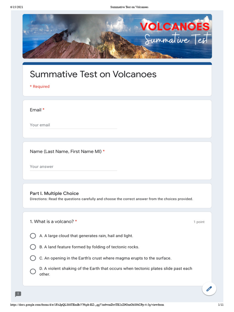 Volcanoes Summative Test Questions | PDF | Volcano | Types Of Volcanic ...