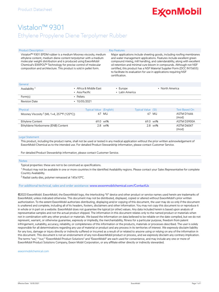 Vistalon™ 9301: Ethylene Propylene Diene Terpolymer Rubber | PDF ...