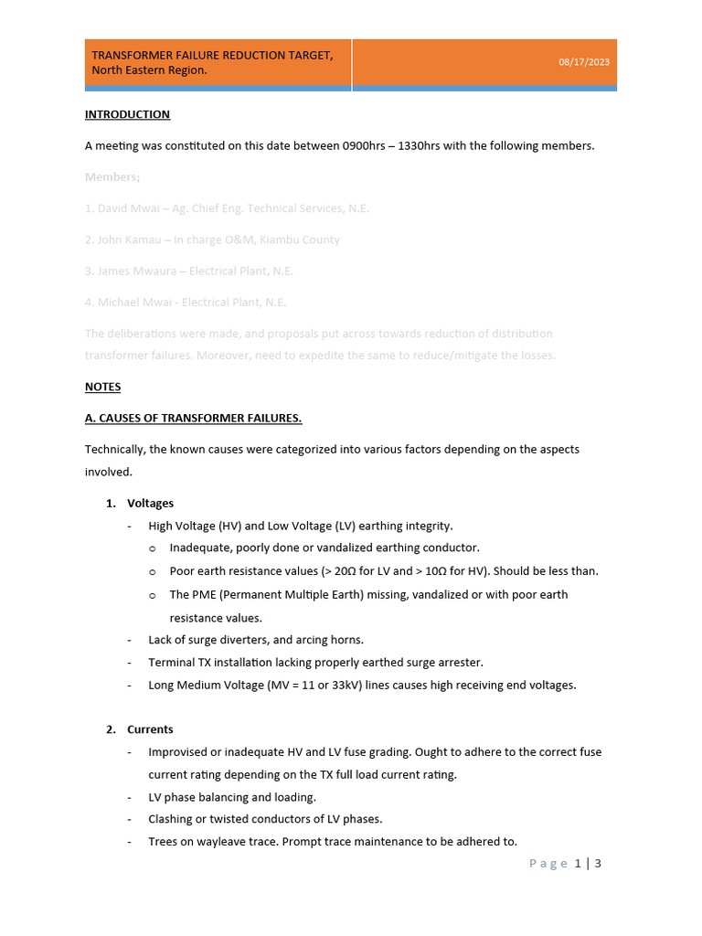 Transformer Failure Reduction Plan | PDF | Transformer | Fuse (Electrical)