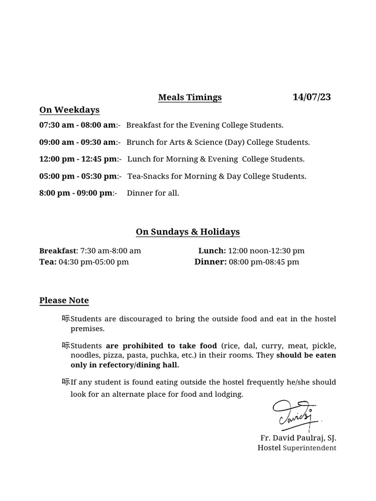 Meals Timings | PDF