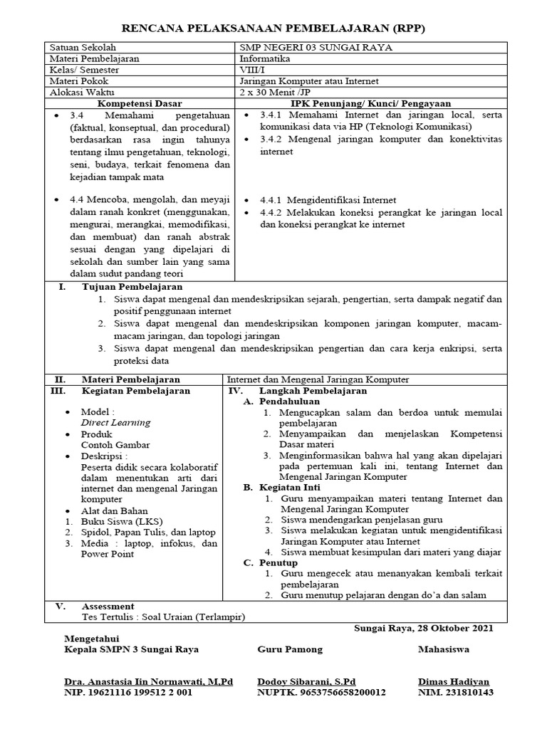 RPP Jaringan Komputer Atau Internet Kelas VIII (SMP 03 SUI - RAYA) | PDF | Komputer