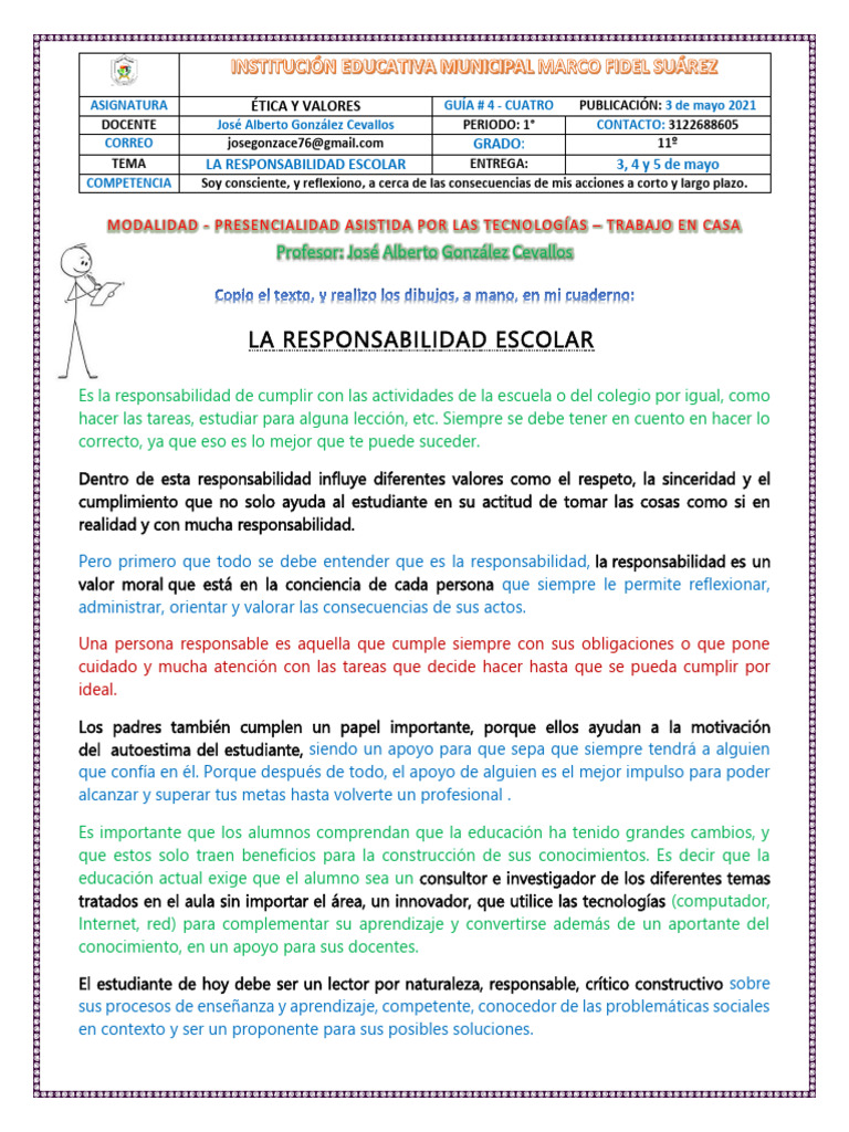 Guia 4 La Responsabilidad Escolar 11 Etica Y Valores Jose Gonzalez