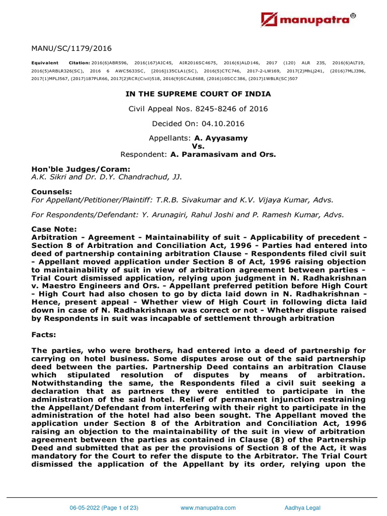 Ayyasamy v. Paramasivam: Arbitration Ruling | PDF | Arbitration | Lawsuit