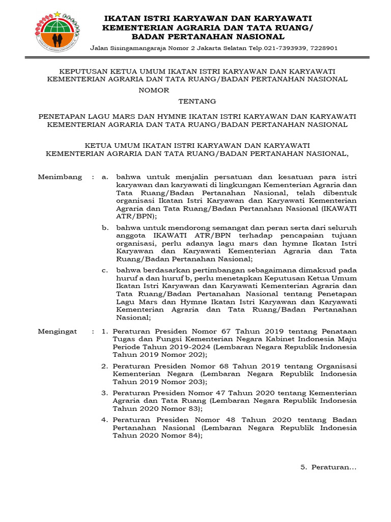 Mars Dan Hymne Ikawati ATRBPN - Keputusan Ny Nanny Hadi Tjahjanto | PDF