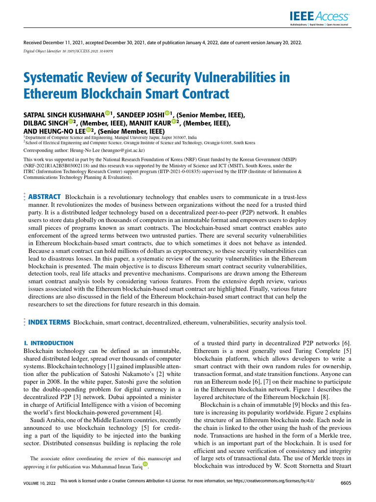 Systematic Review Of Security Vulnerabilities In Ethereum Blockchain Smart Contract Pdf