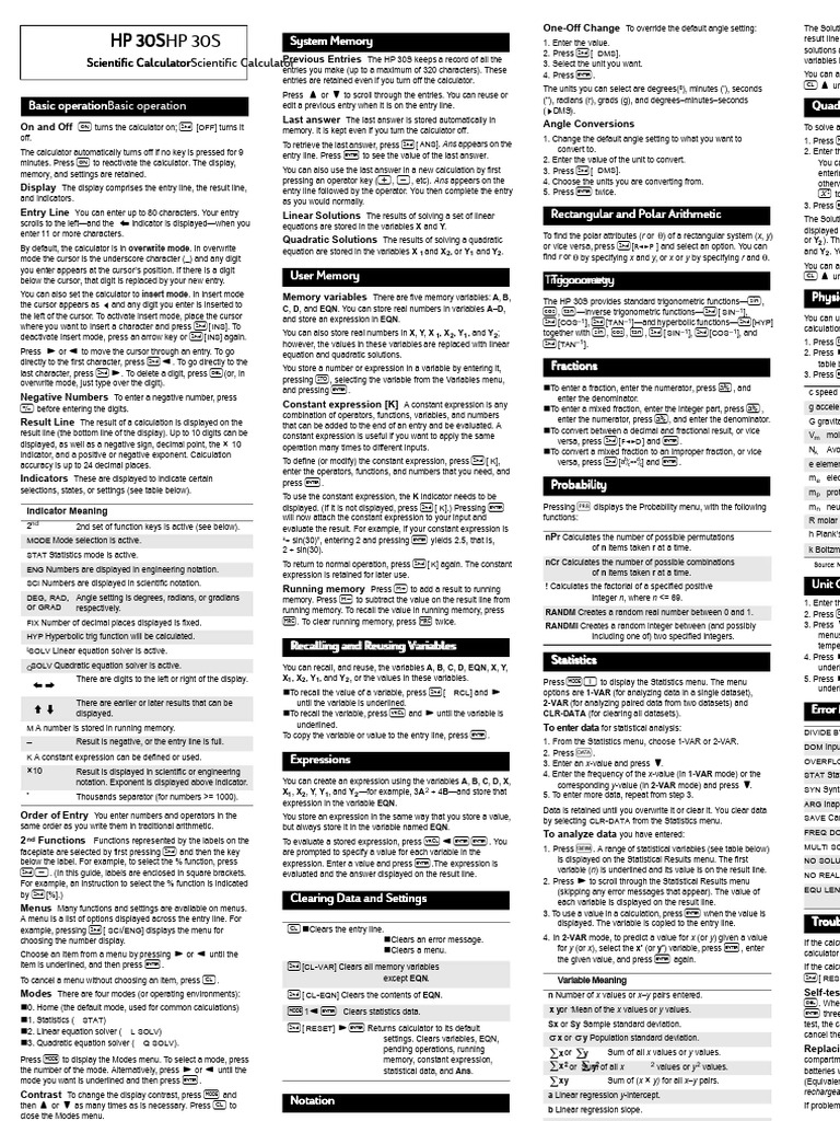 Инструкция HP 30s (1 страницы) | PDF | Mathematics | Elementary Mathematics