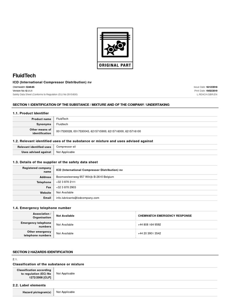 FluidTech Compressor Oil Safety Data Sheet | PDF | Fires | Firefighting